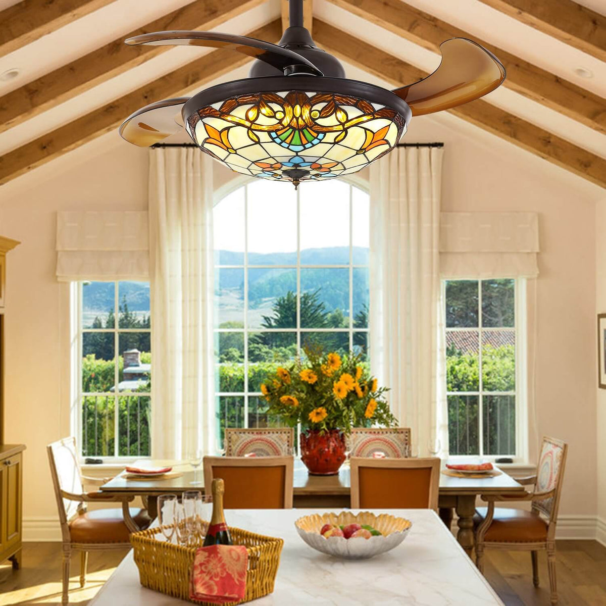 Classic Tiffany Ceiling Fan With Light For Church Mediterranean Style ...