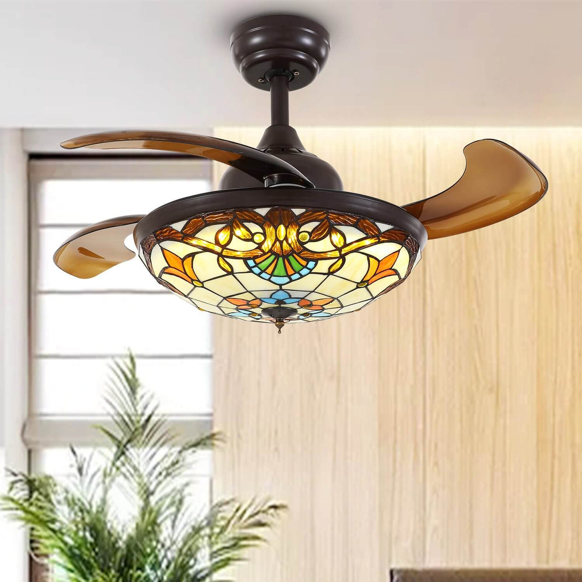 Classic Tiffany Ceiling Fan With Light For Church Mediterranean Style ...