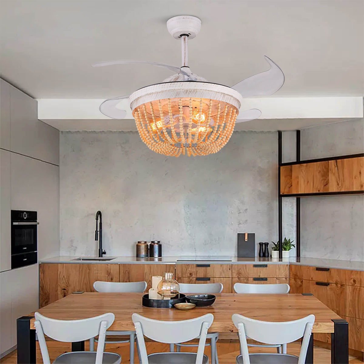 Wooden French Country Beaded Ceiling Fan Light – MOOONI LIGHTING