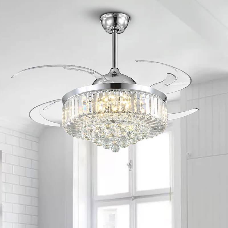 Modern Crystal Ceiling Fan with Retractable Blades And Dimmable Lights ...